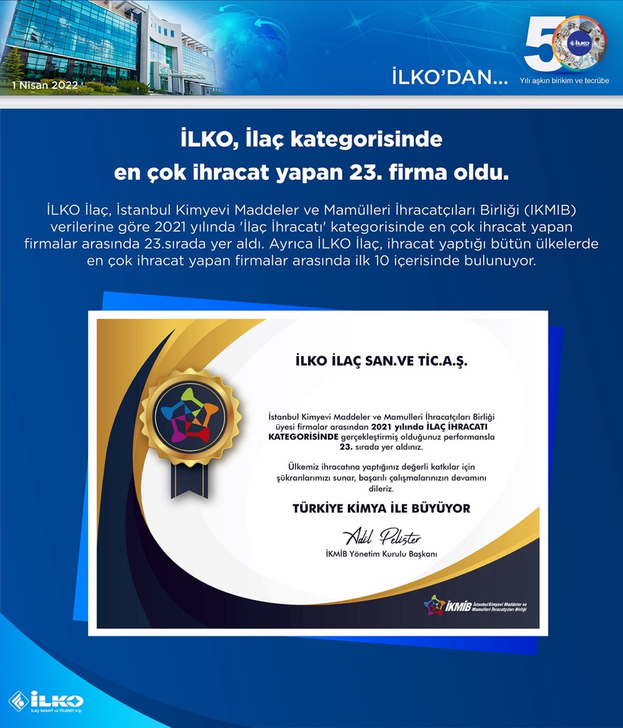 İLKO, İlaç Kategorisinde En Çok İhracat Yapan 23. Firma Oldu